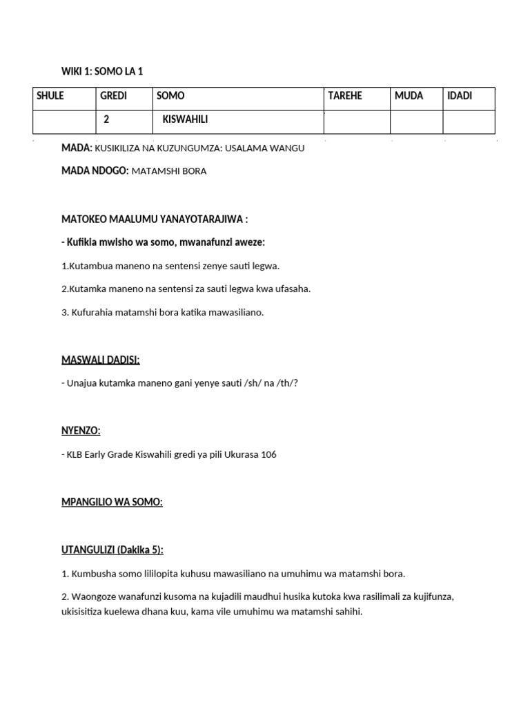 Grade 2 Term 3 Kiswahili Lesson Plans | PDF