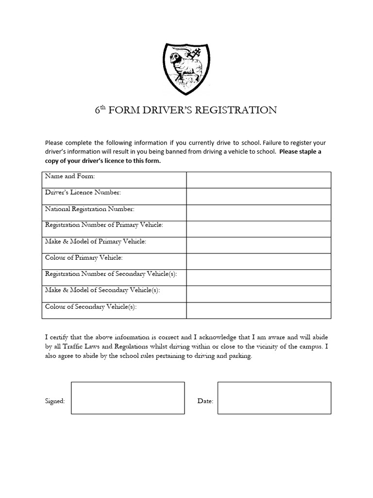 6th Form Driver Registration Form | PDF