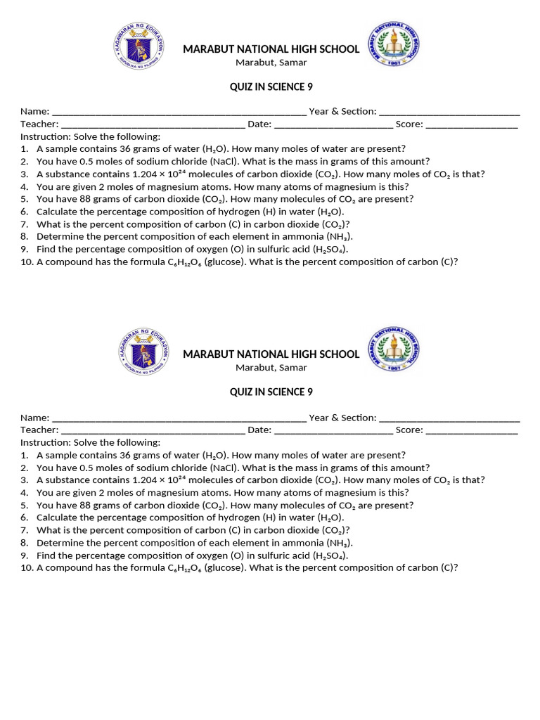 Quiz Chem Sci 9 | PDF