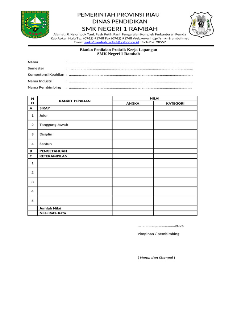 Blanko Penilaian Praktik Kerja Lapangan | PDF