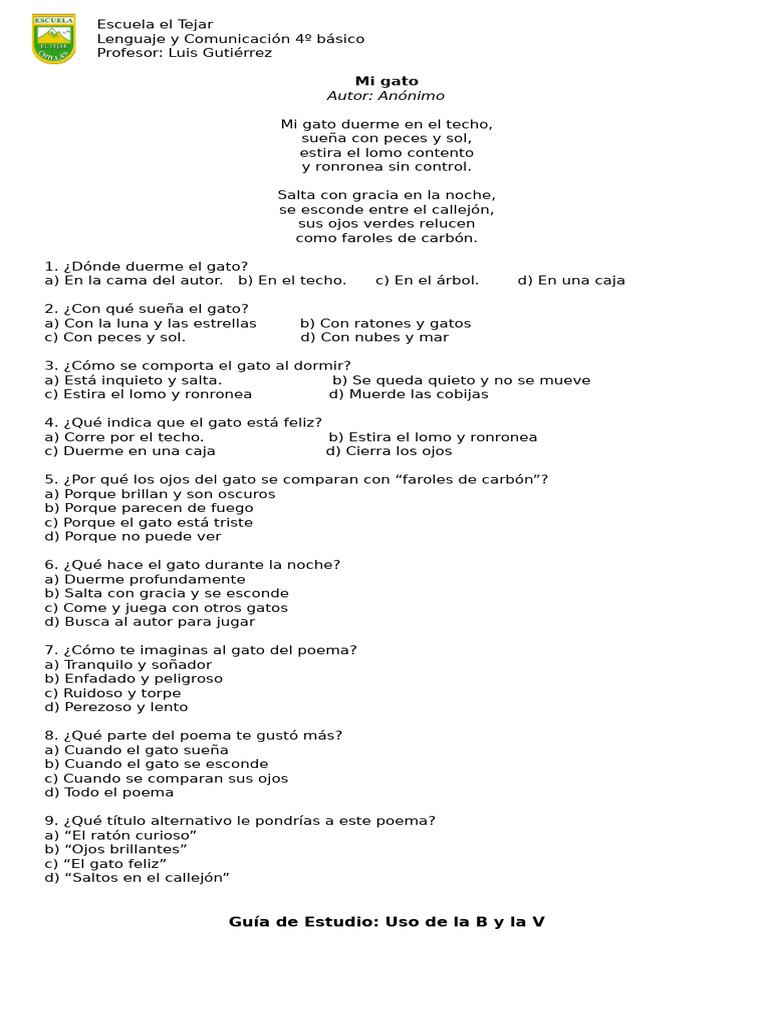 Poema y reglas de B y V para 4º básico | PDF