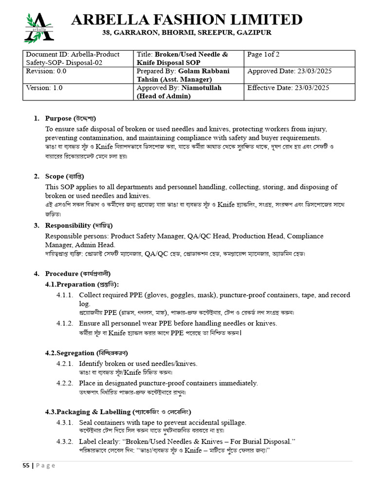 55-56 Needle & Knife Disposal Procedure | PDF