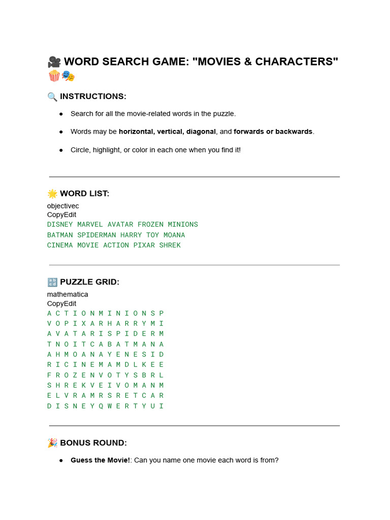 ? Word Search Game - Movies & Characters - ?? | PDF