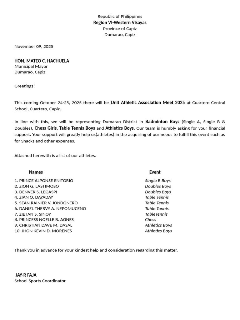 Dumarao District Athletic Meet 2025 Support | PDF