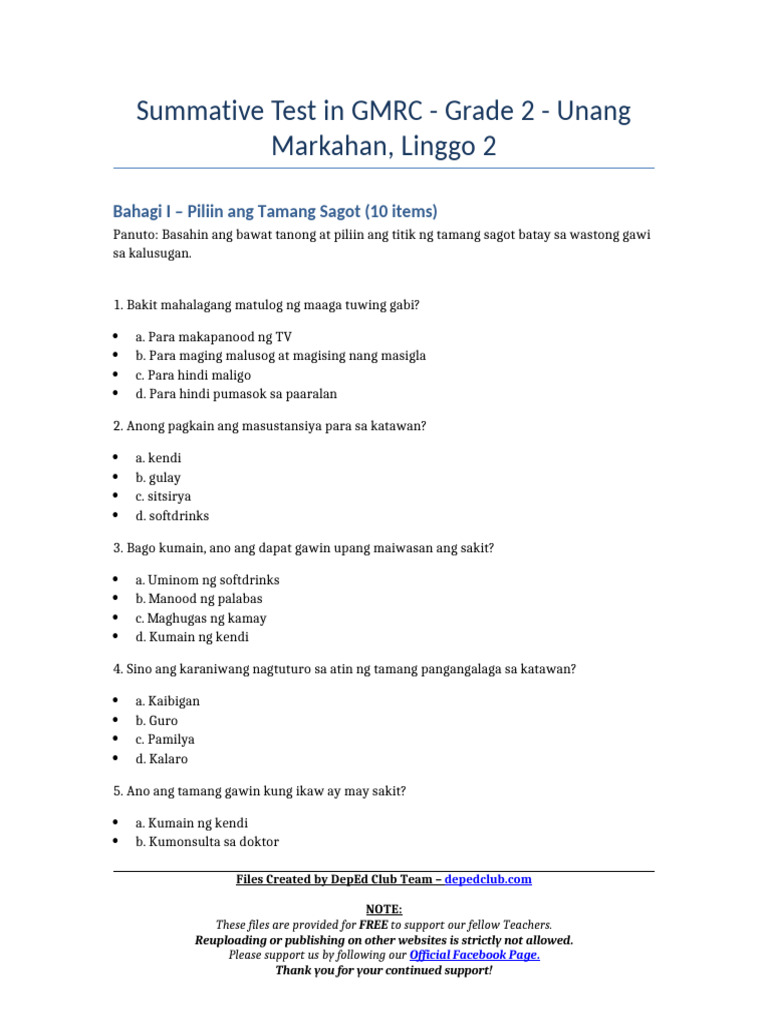 Summ - Test GMRC 2 q1 w2 | PDF
