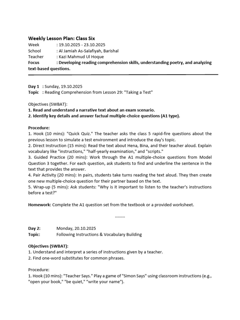 Class Six Weekly Lesson Plan: 19-23 Oct | PDF | Reading Comprehension ...