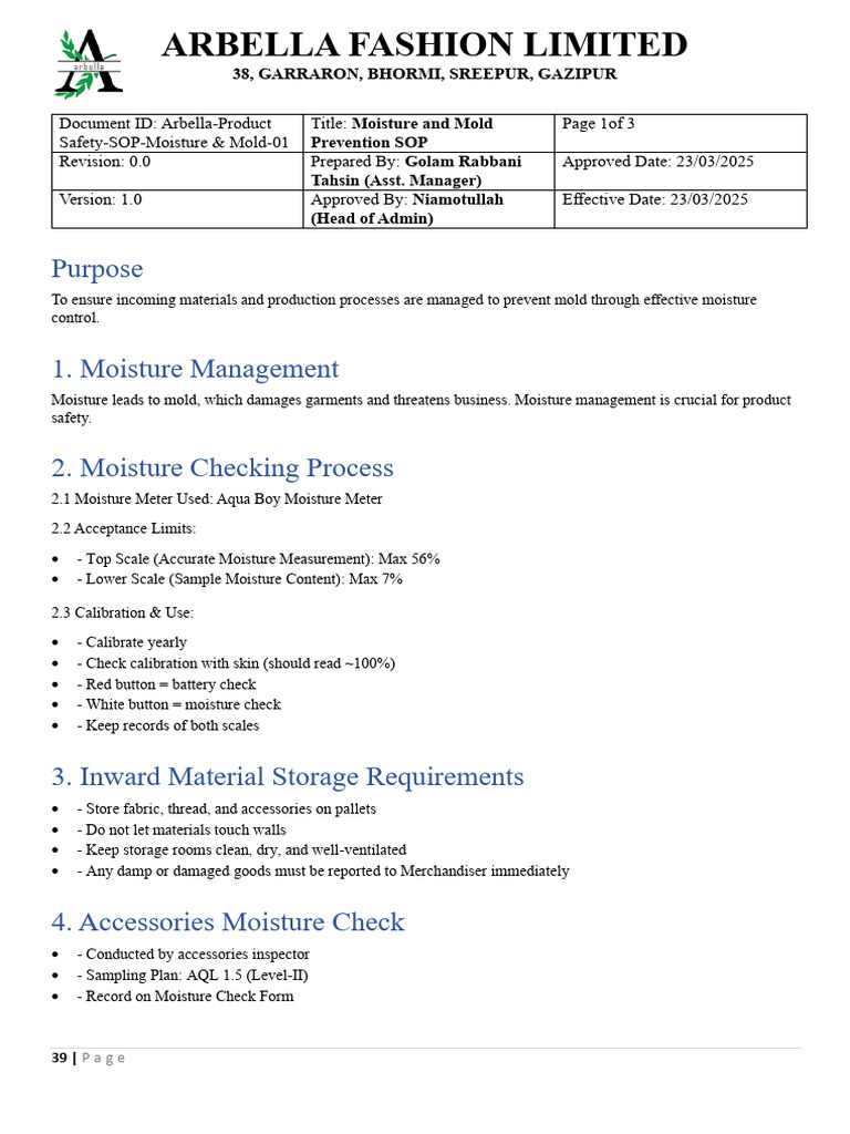 Moisture & Mold Prevention SOP | PDF