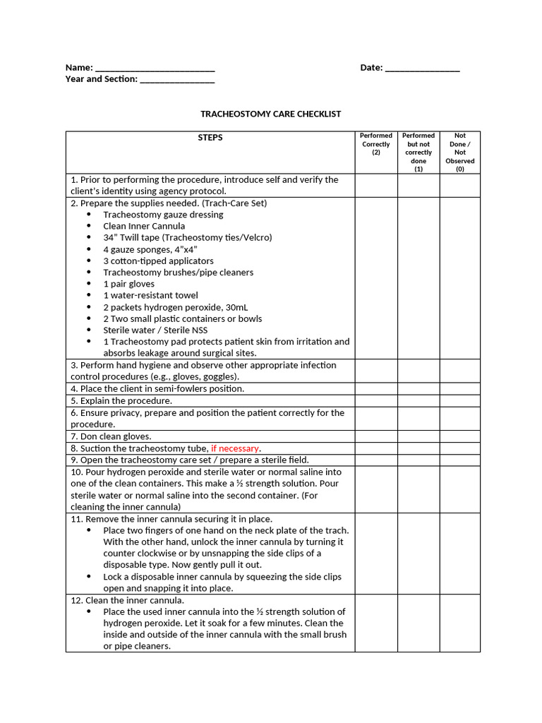 Tracheostomy Care Checklist | PDF