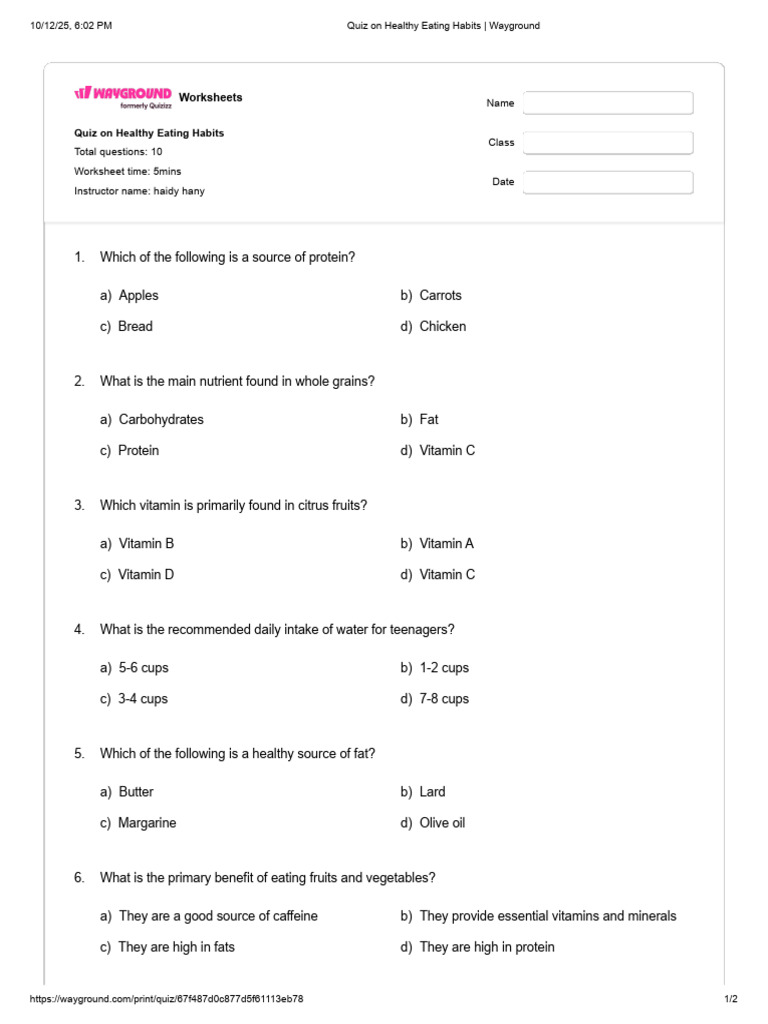 Quiz On Healthy Eating Habits - Wayground | PDF | Healthy Diet | Vitamin