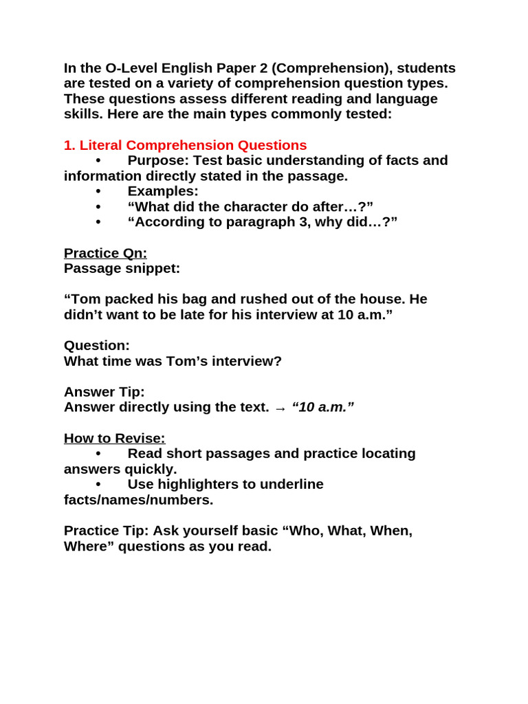 O-Level English Comprehension Types | PDF | Reading Comprehension ...