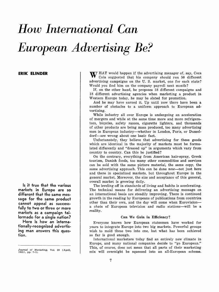 Elinder 1965 How International Can European Advertising Be | PDF ...