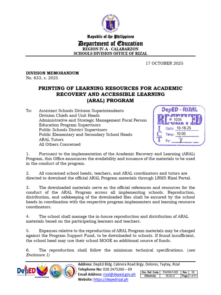 ARAL Program Materials Printing Memo | PDF