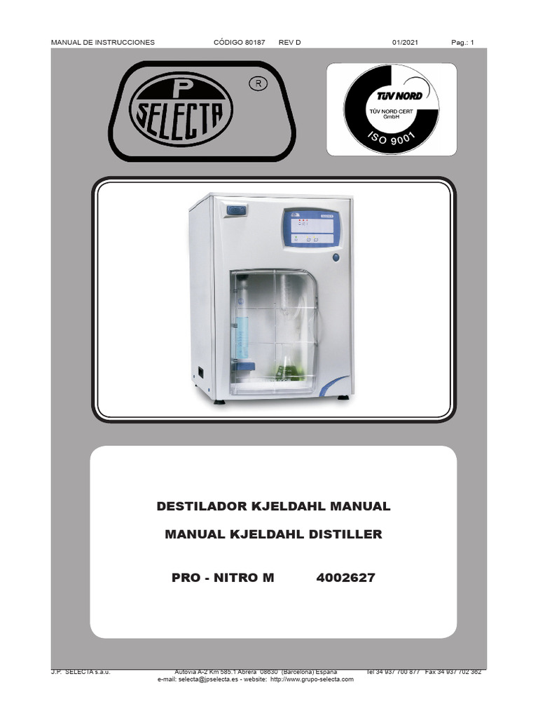Manual Destilador Kjeldahl Selecta Pro Nitro M | PDF | Enchufes y tomas de corriente alterna | Agua