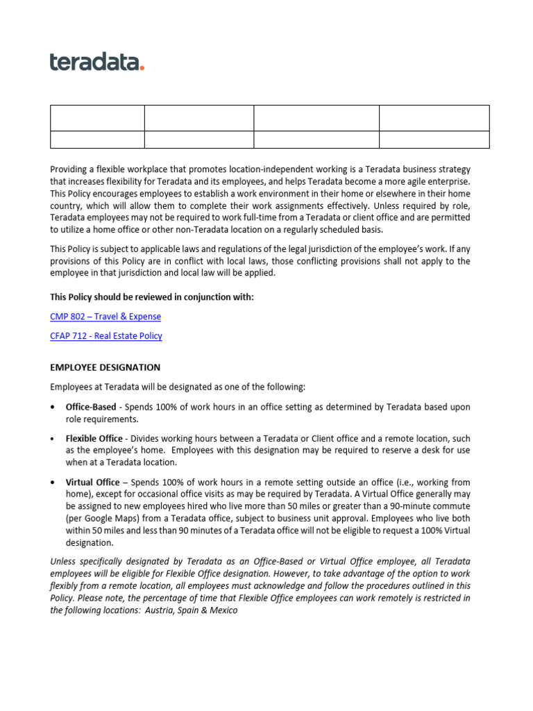CMP 224 Teradata Flex Workplace Policy | PDF | Employment | Overtime