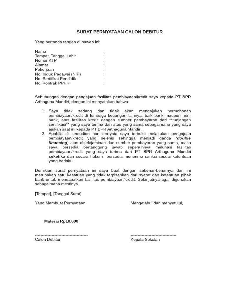 Contoh Surat Pernyataan Calon Debitur | PDF