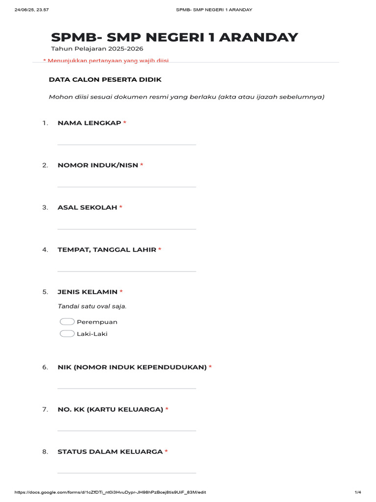 Pendaftaran SPMB SMP Negeri 1 Aranday | PDF