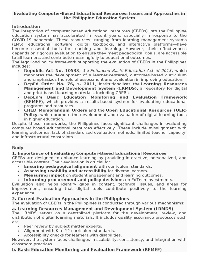 Evaluating Computer-Based Education in the Philippines | PDF ...