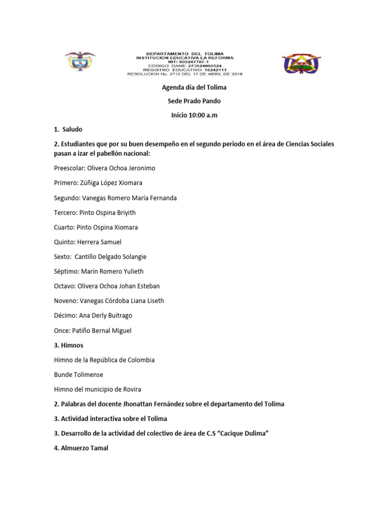Agenda Día Del Tolima 2025 | PDF