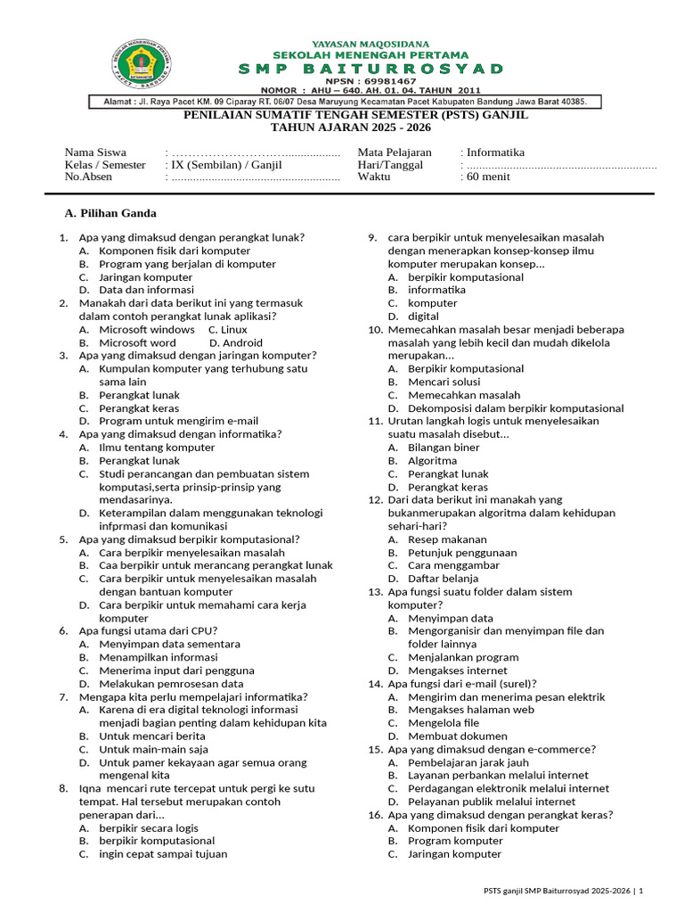 Soal Informatika Kelas 9 | PDF
