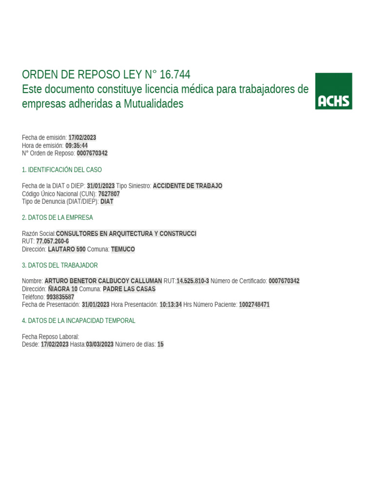 Orden de Reposo 17-02-2023 Al 03-03-2023 | PDF