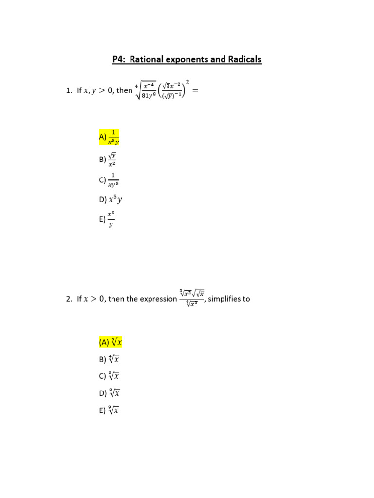 P4: Rational Exponents and Radicals: 1. If, Then | PDF | Chess Theory ...