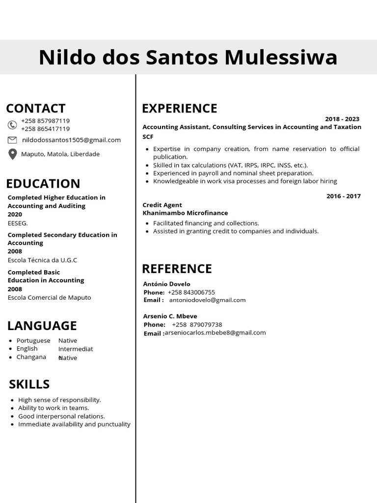 Nildo Dos Santos Mulessiwa - Curriculum Vitae | PDF