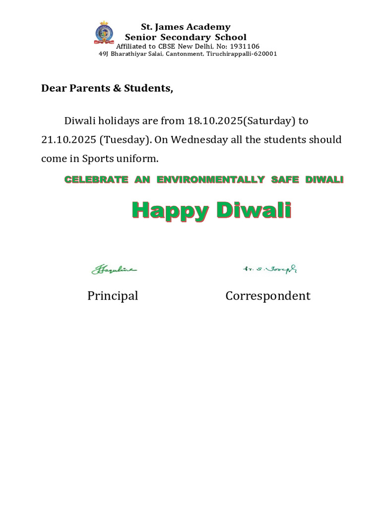 St. James Academy Diwali Holiday Notice | PDF