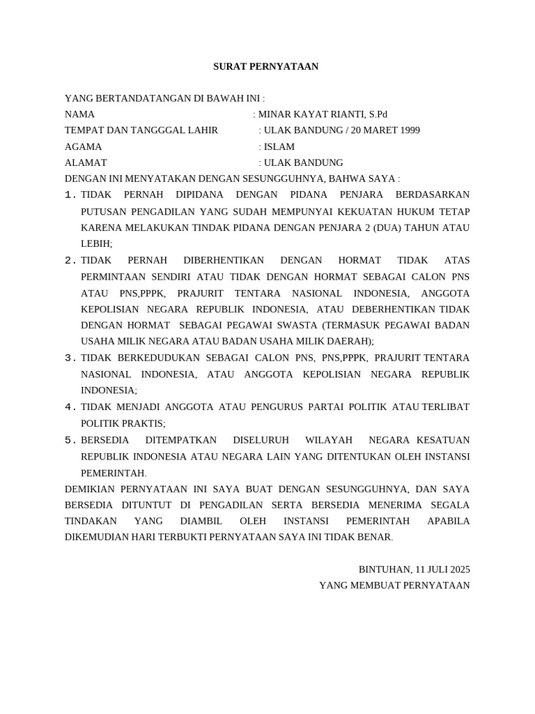 Surat Pernyataan Minar Kayat Rianti | PDF