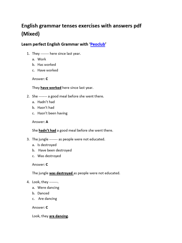 English Tenses Exercises with Answers | PDF
