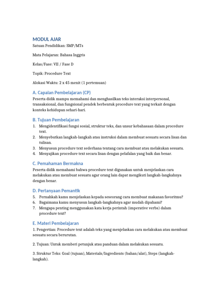Modul Ajar Procedure Text Kelas VII | PDF