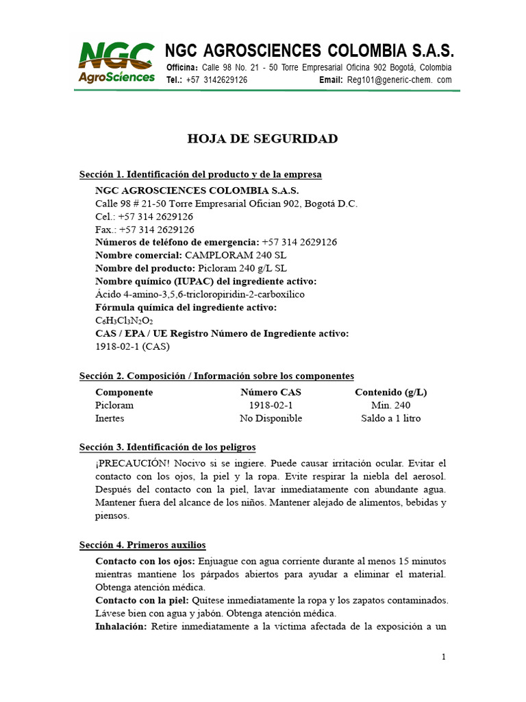Hoja de Seguridad: Picloram 240 SL | PDF | Agua | Ventilación ...