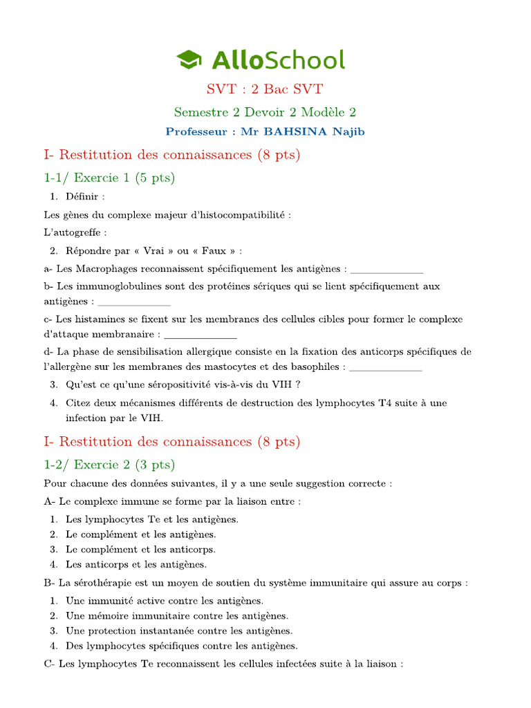 SVT 2bac SVT Semestre 2 Devoir 2 Modele 2 1 | PDF