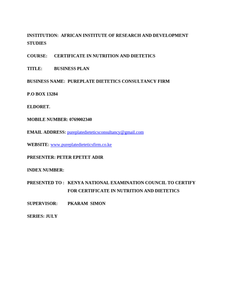 Business Plan - Nutrition | PDF | Dietitian