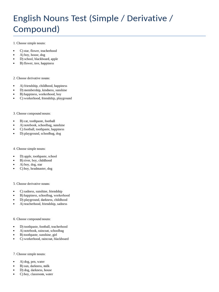 Nouns Test: Simple, Derivative, Compound | PDF | Chess Openings | Chess