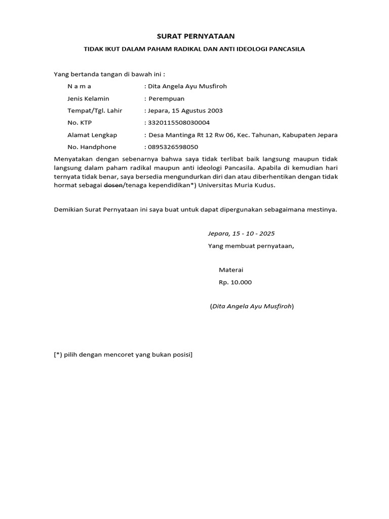 2-Surat Pernyataan Tidak Terlibat Dalam Faham Radikal | PDF