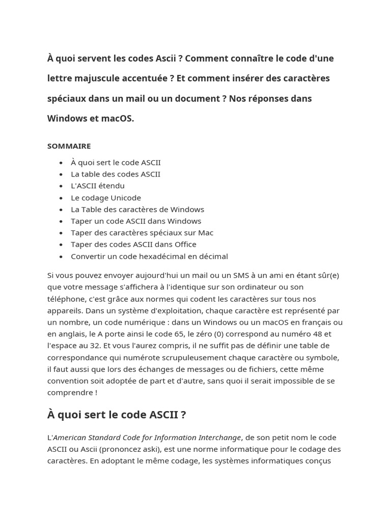 Guide sur les codes ASCII et spéciaux | PDF | ASCII | Codage des caractères