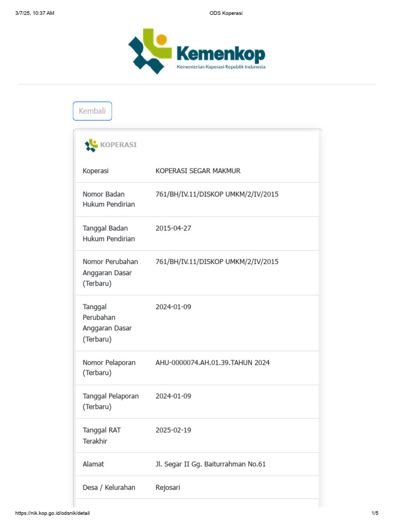 Koperasi Segar Makmur: Profil dan Data | PDF
