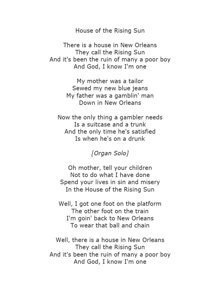 House of The Rising Sun Lyrics | PDF
