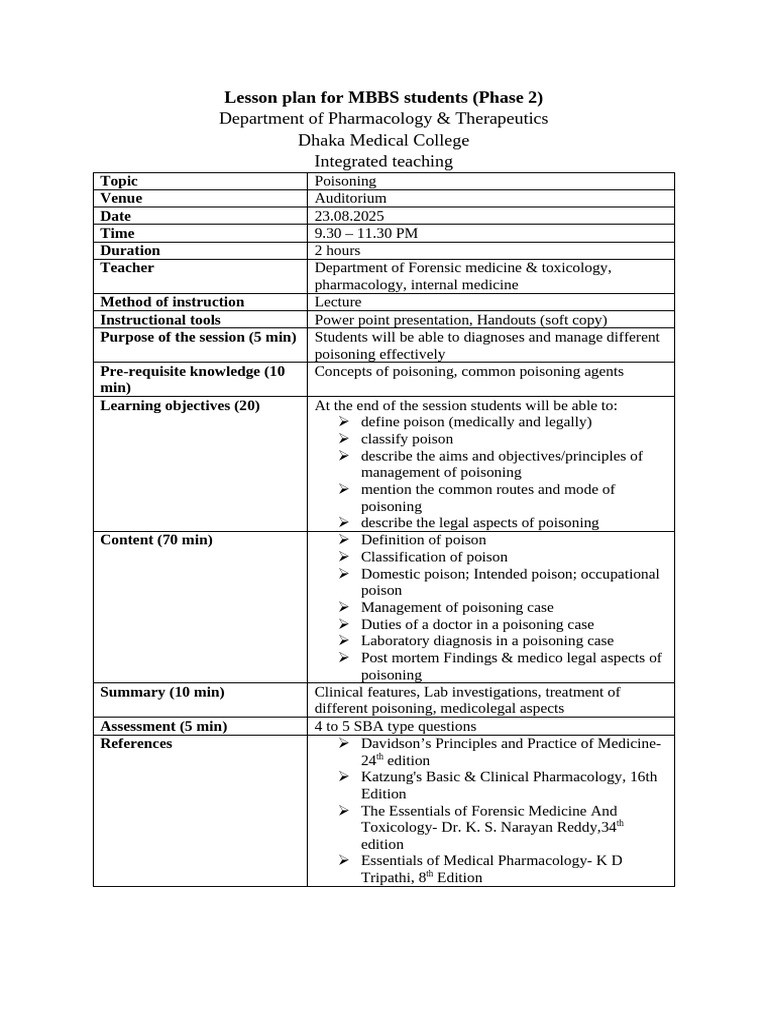 MBBS Lesson Plan: Poisoning Management | PDF | Toxicology | Pharmacology