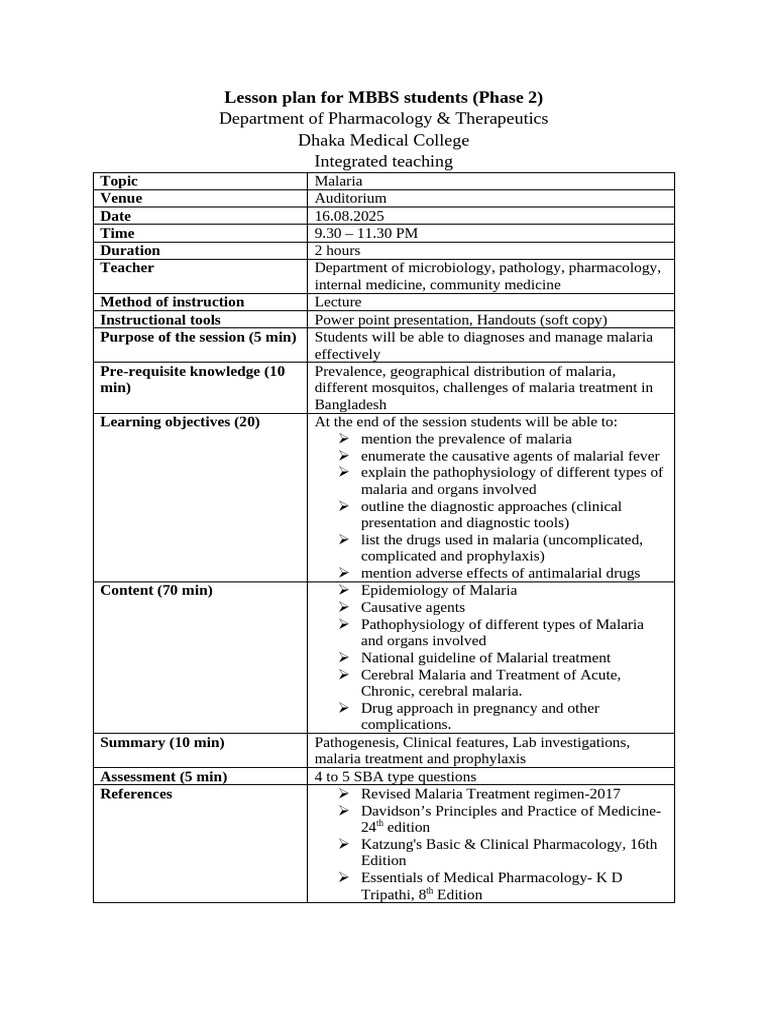 Malaria Lesson Plan for MBBS Students | PDF | Malaria | Pharmacology