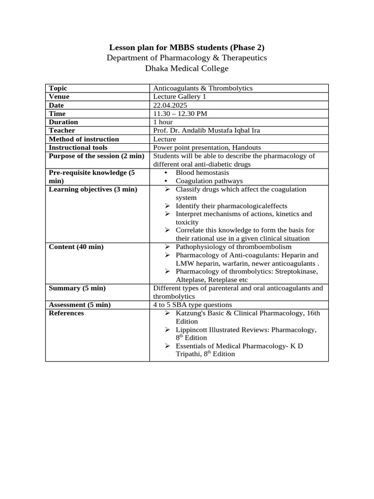 Anticoagulants & Thrombolytics Lesson Plan | PDF