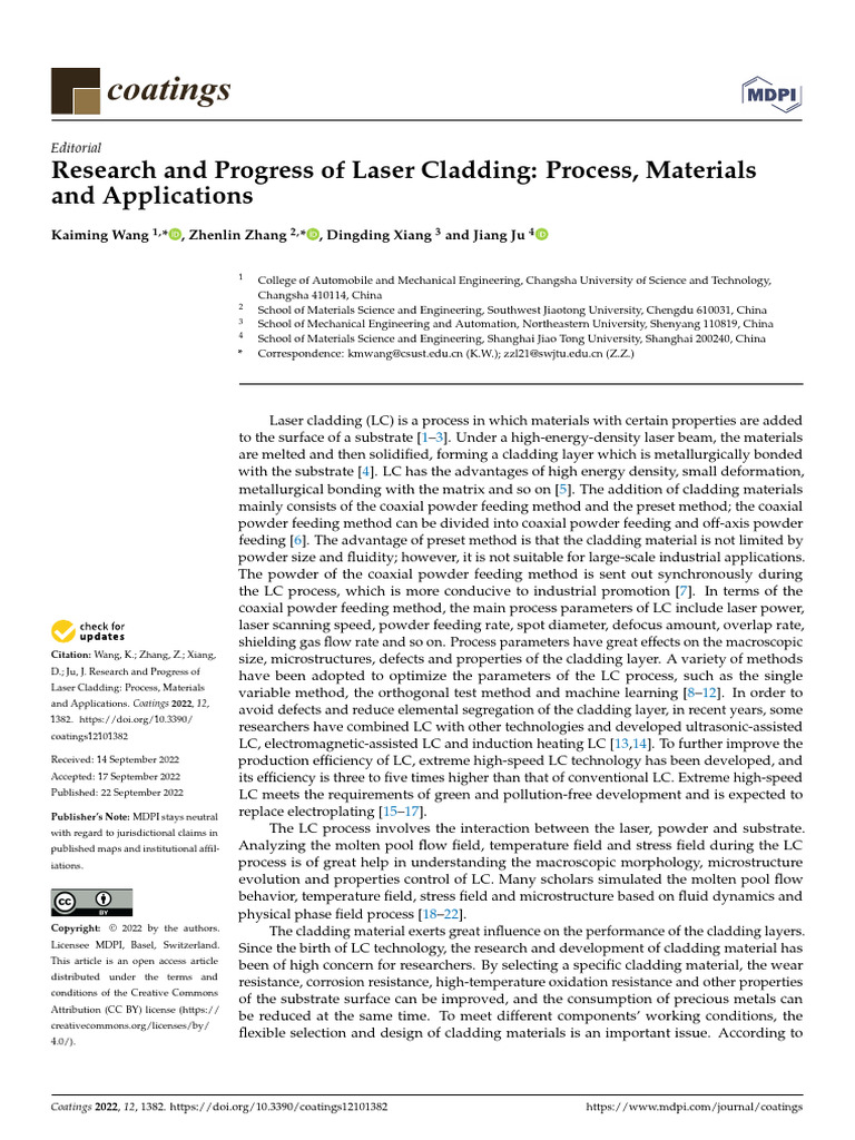 Research and Progress of Laser Cladding Process, Materials and ...