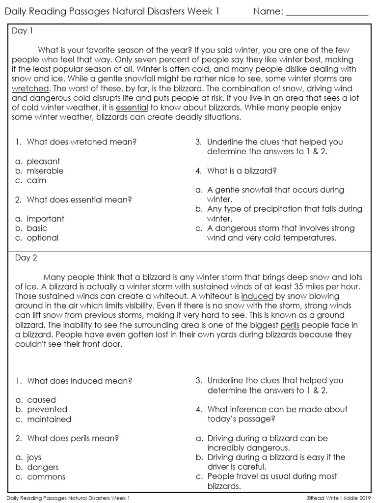 Daily Reading Passages Natural Disasters Week 1 ©read Write Middle 2019 ...