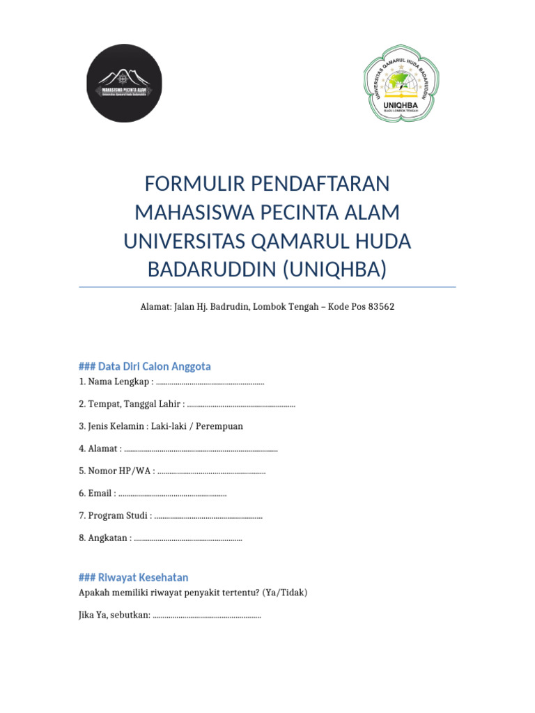 Pendaftaran Mahasiswa Pecinta Alam UNIQHBA | PDF