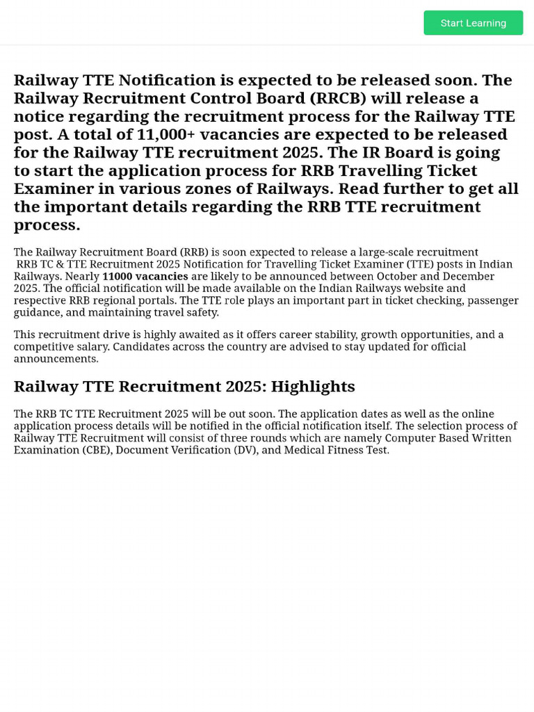 Railway TTE Recruitment 2025exam Info | PDF