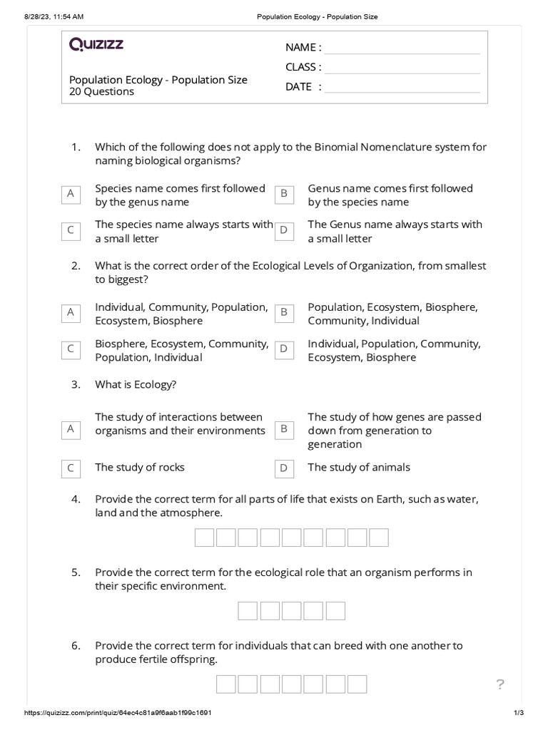 Population Ecology Quiz: Size Factors | PDF | Ecology | Ecosystem