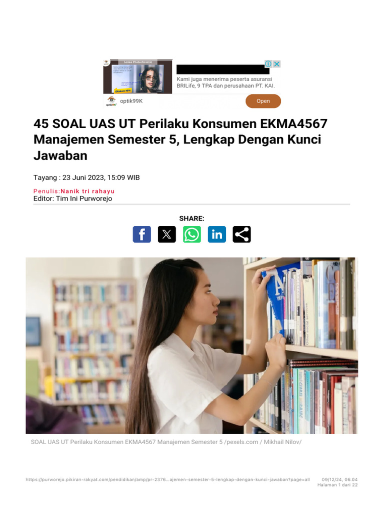 45 SOAL UAS UT Perilaku Konsumen EKMA4567 Manajemen Semester 5, Lengkap Dengan K 2 | PDF