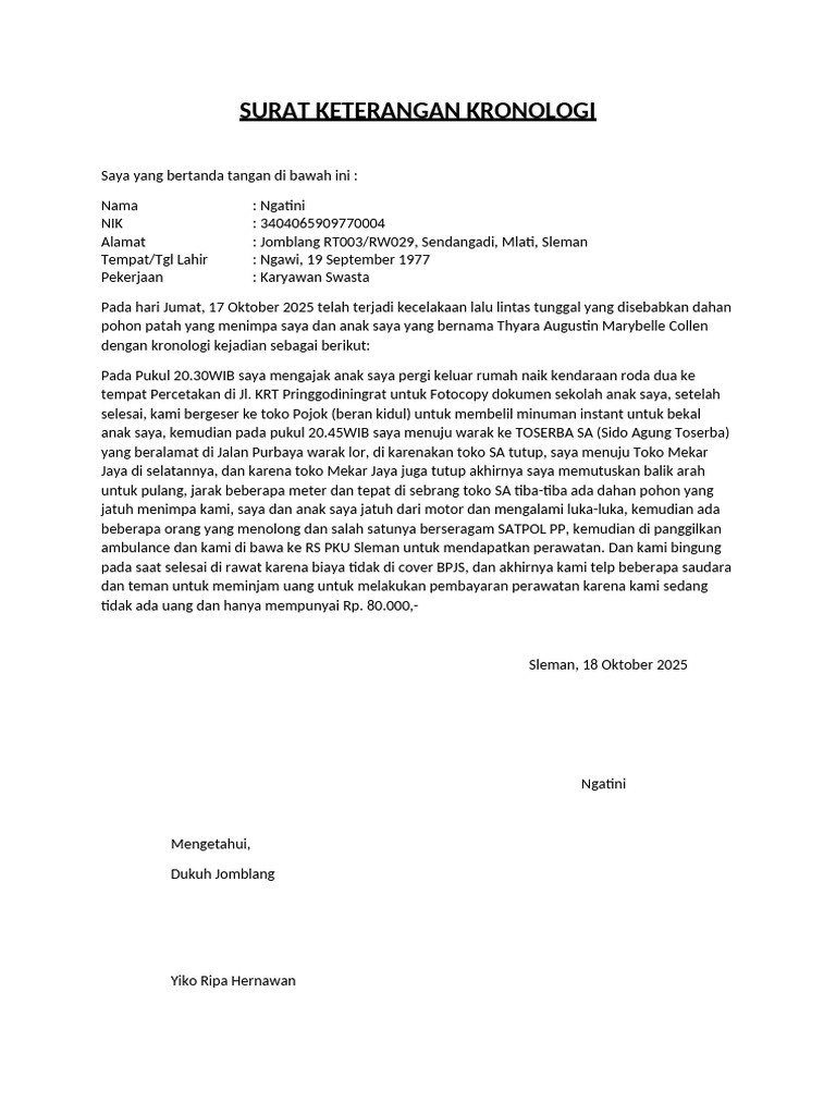 Surat Keterangan Kronologi Laka Tunggal Bu Ngatini | PDF