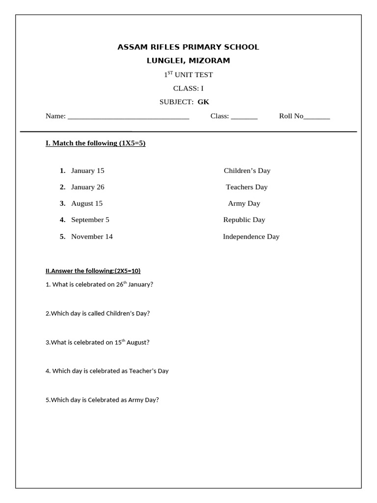 Class 1 GK For 1st Unit Test QUESTION | PDF
