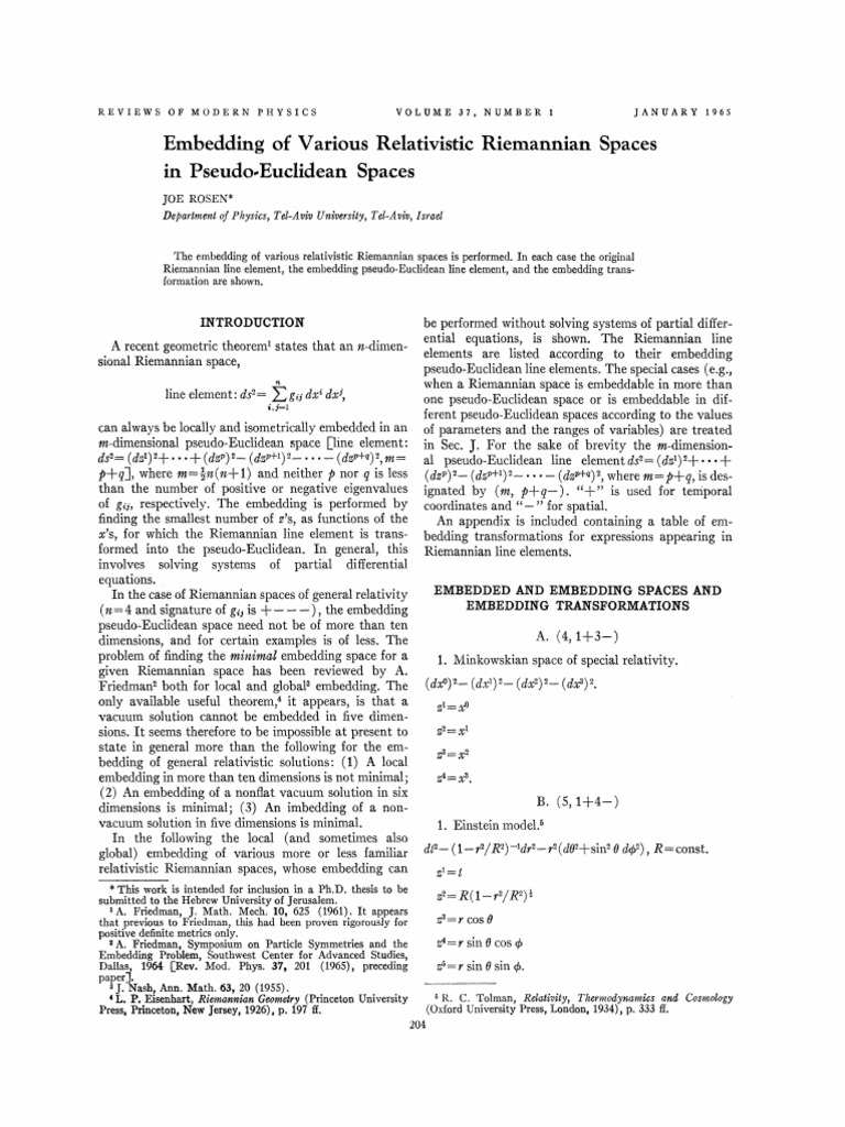 Embedding Relativistic Riemannian Spaces | PDF | Differential Geometry ...